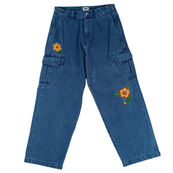 Obey | Jeans | Obey Cargo Jeans Women 32x3 Blue Wash Floral Embroidered ...